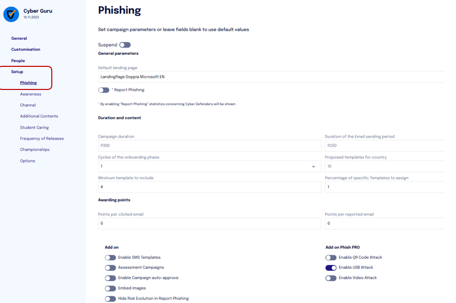 Setup > Phishing: Manage Phishing and PhishPro Settings – Cyber Guru English (US)