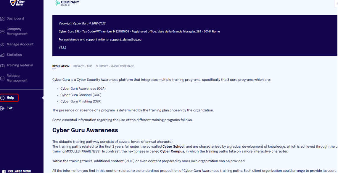 Help" Section – Cyber Guru English (US)